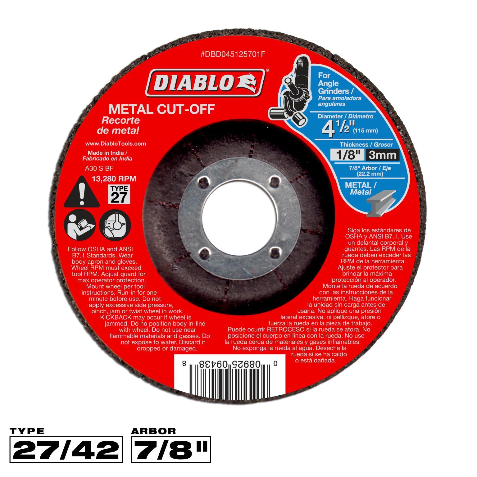 Diablo DBD045125701F - 4-1/2" Type 27 Metal Cut-Off Disc - H To O Supply